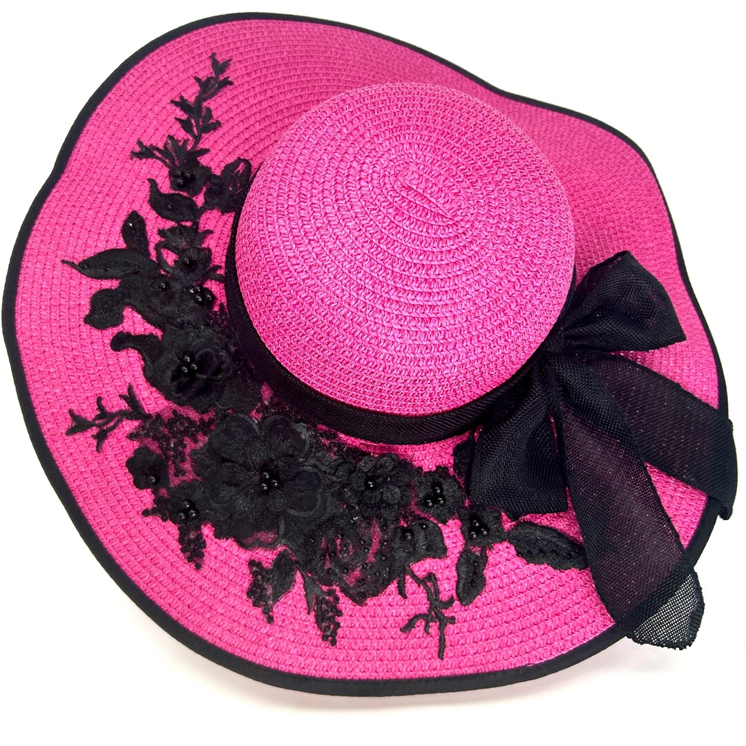Black Floral Embroidered Pink Sun Hat - Etsy