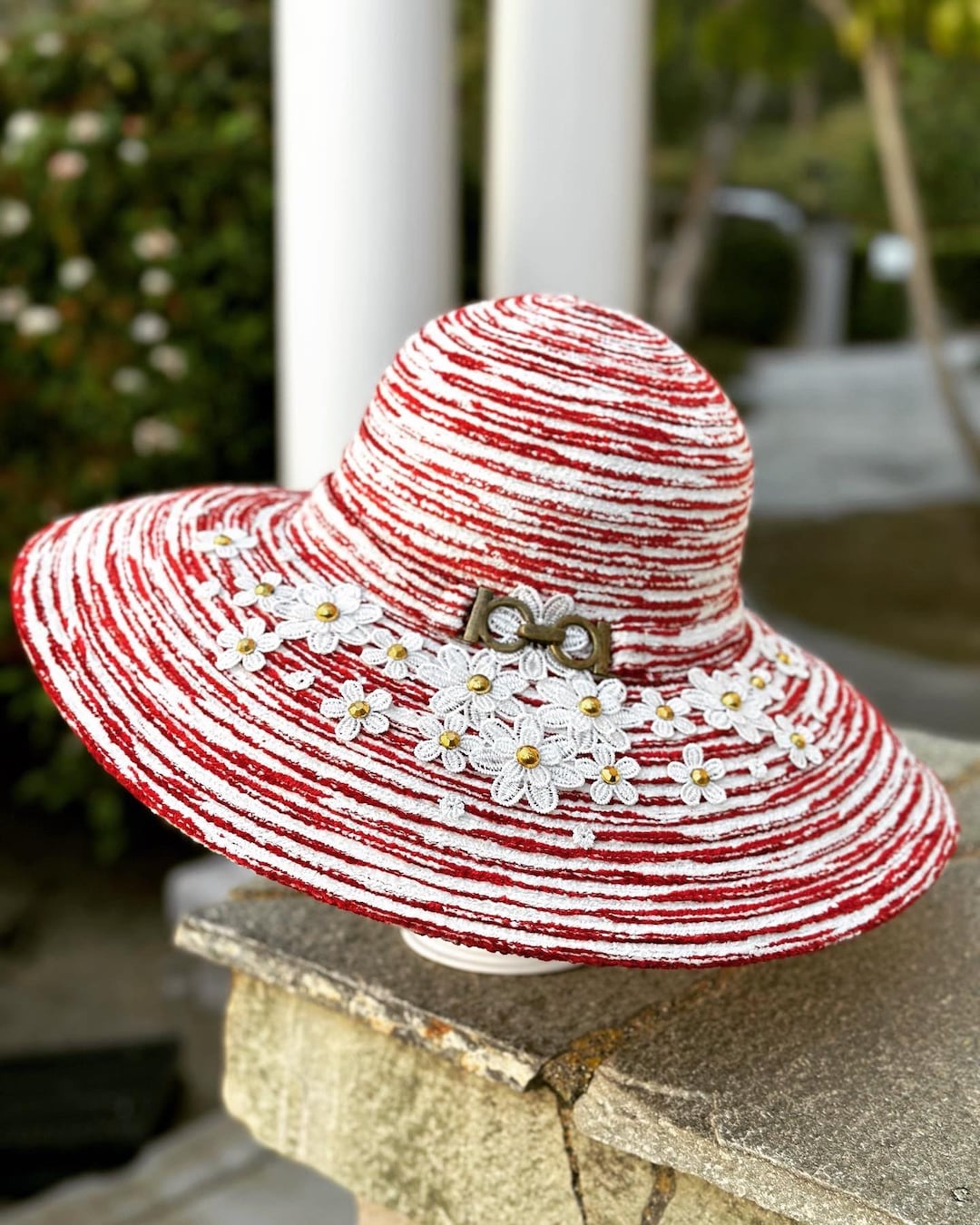 Red & White Floral Sun Hat - Etsy