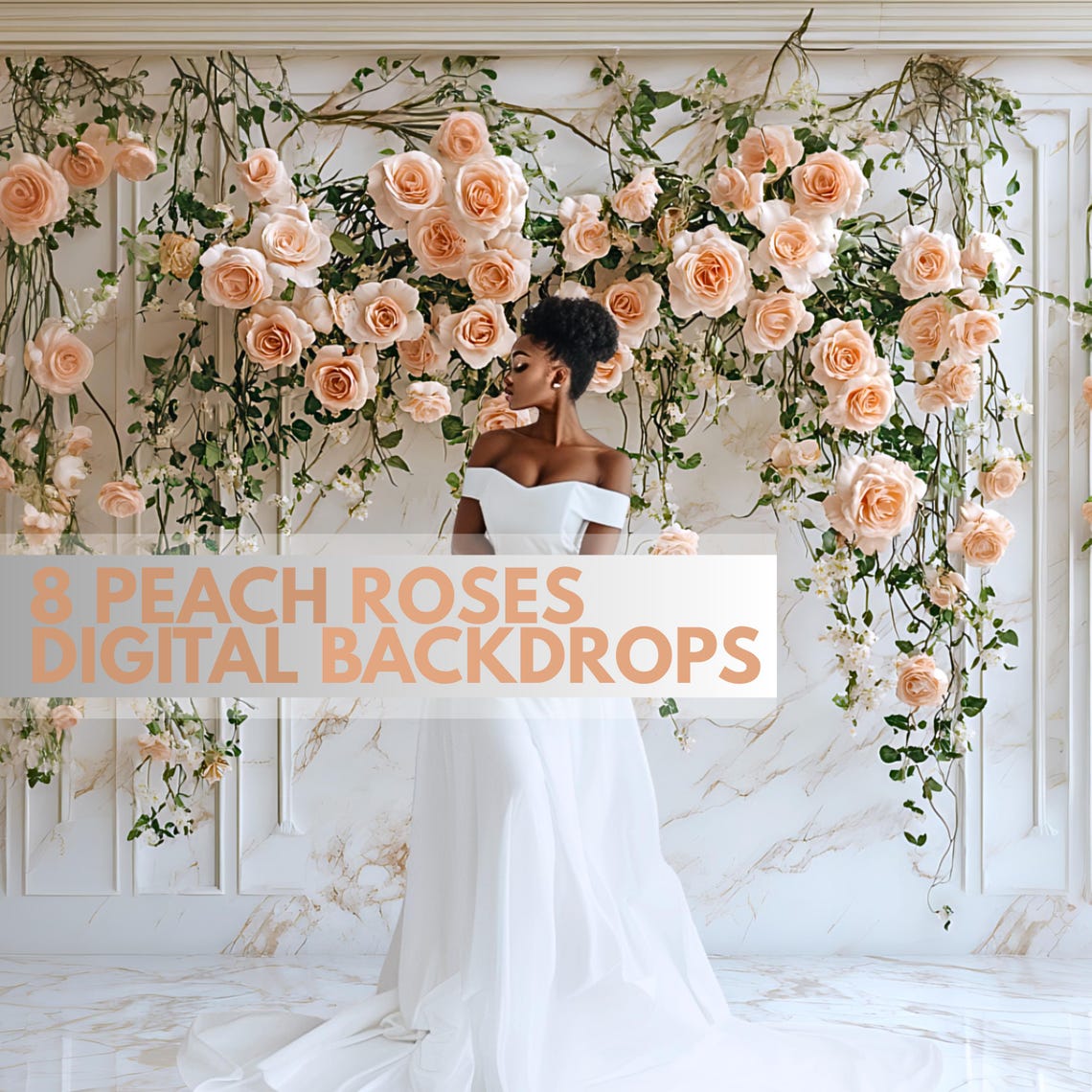 8 Peach Roses Digital Backdrops, Peach and Cream Flower Wall, Pale ...
