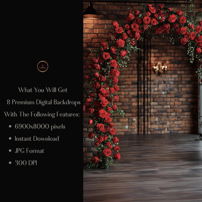 8 Rose Arch Digital Backdrops | Red Brick Wall Background | Valentine's ...