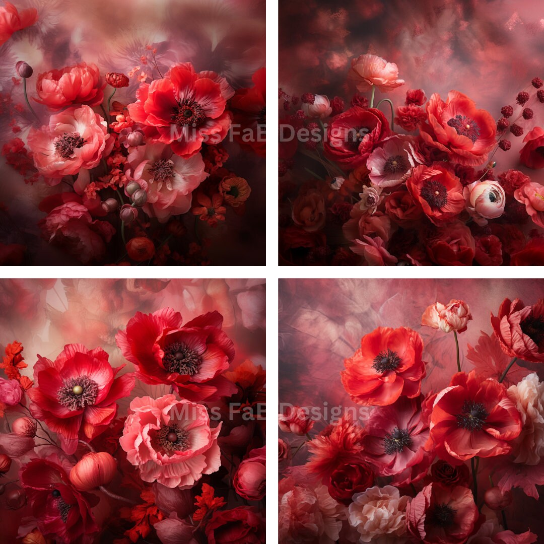 12 Red Floral Digital Backdrops Red Fine Art Maternity Backgrounds Red ...