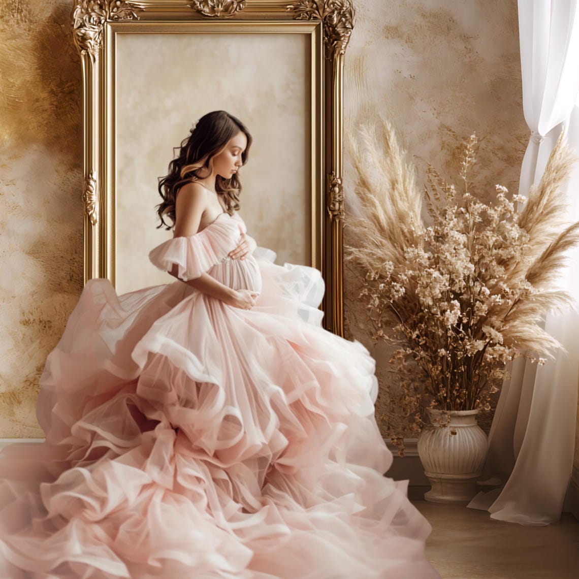 8 Boho Room Digital Backdrops Elegant Golden Frame Background Beige ...