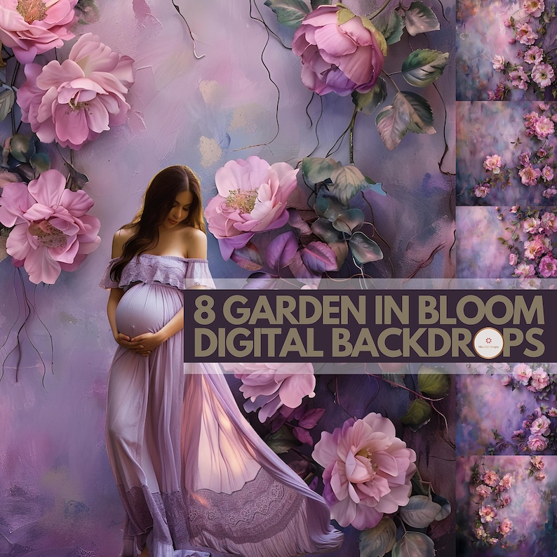 8 Garden in Bloom Digital Backdrops, Painted Lilac Flowers Background ...