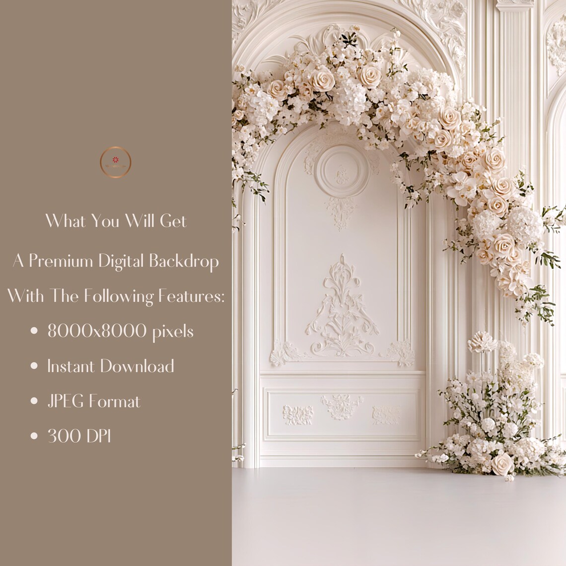 Luxurious Wedding Arch Digital Backdrop, Ivory Floral Arch Background ...