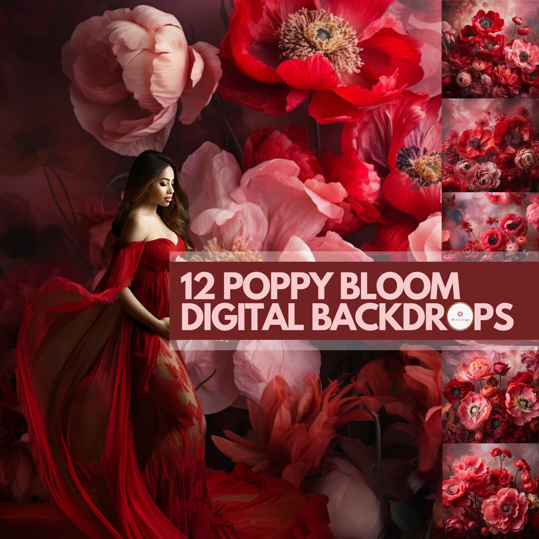 12 Red Floral Digital Backdrops Red Fine Art Maternity Backgrounds Red ...