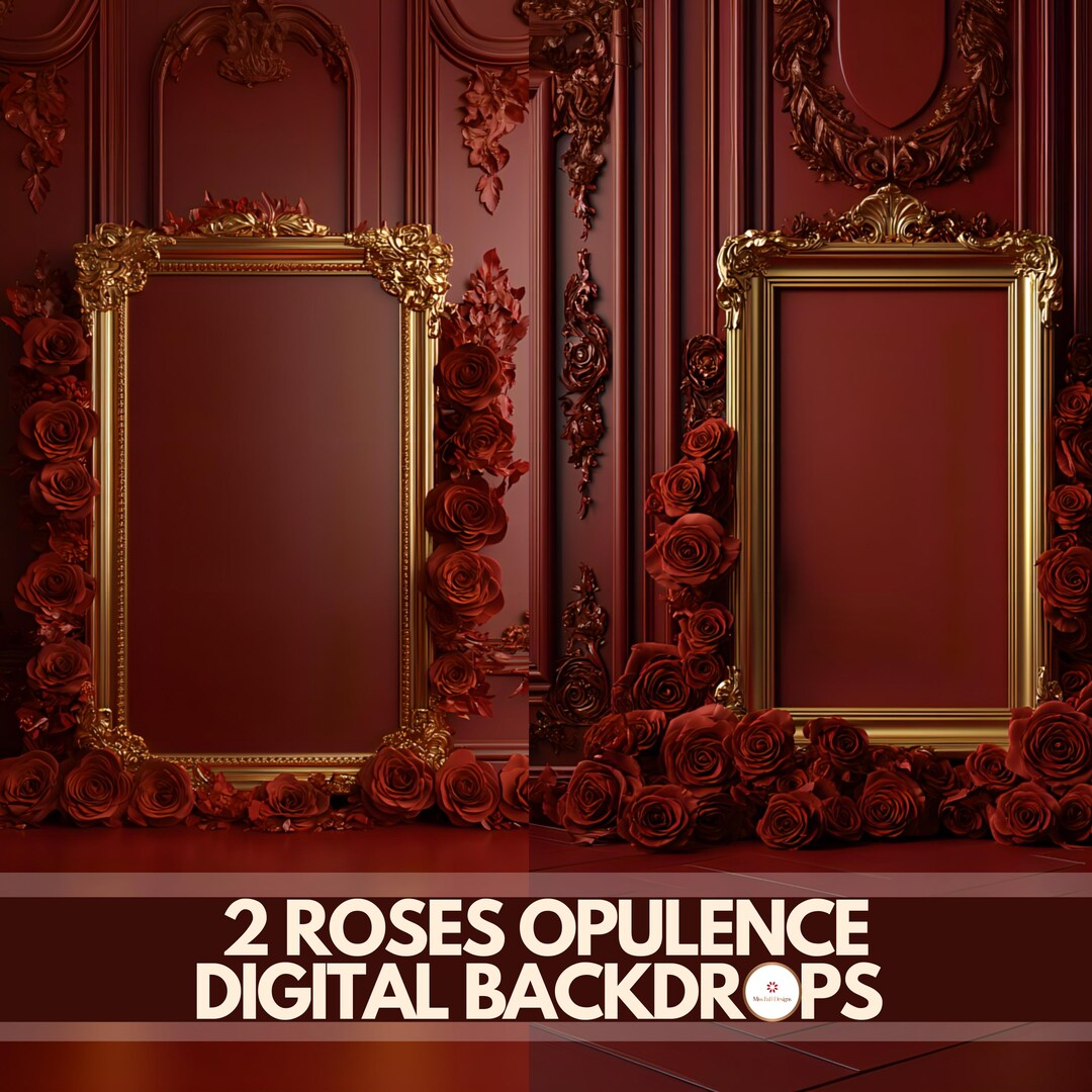 2 Roses Opulence Digital Backdrops Red Gold Background Elegant Red ...