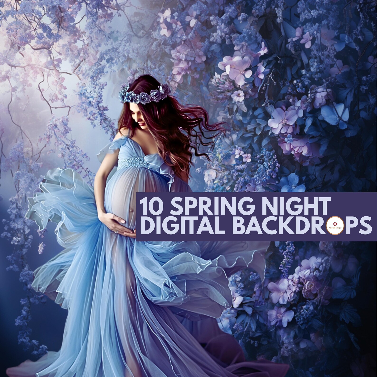 10 Spring Night Digital Backdrops, Midnight Summer Background, Moonlight Floral Backdrop, Purple ...