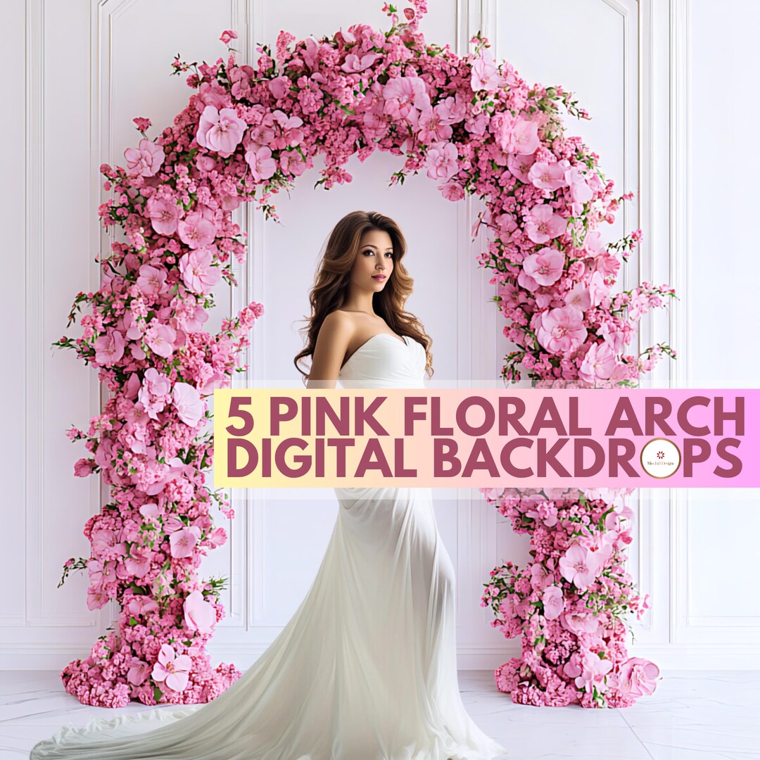 5 Pink Floral Arch Digital Backdrops, Pink Flowers Arch Background ...