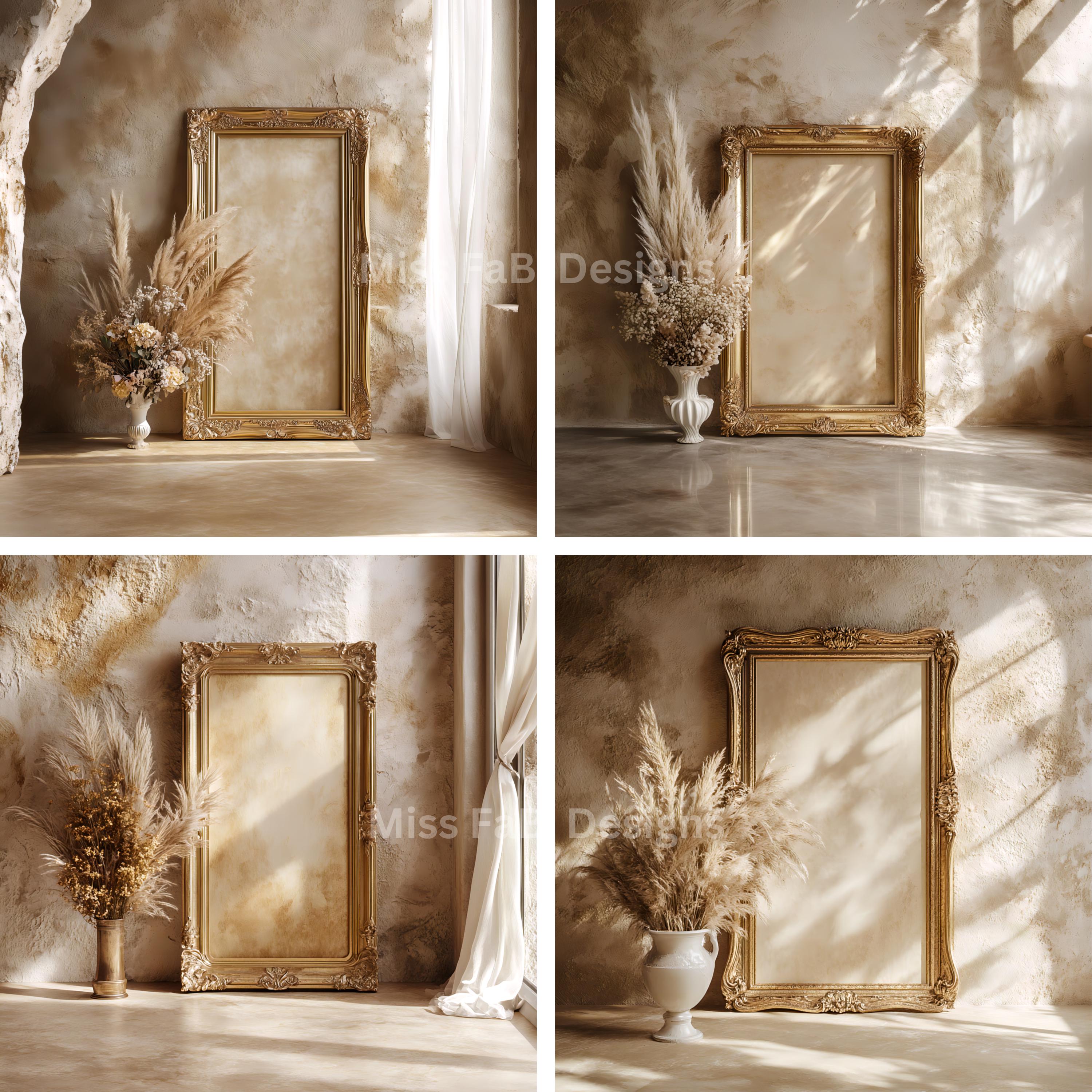 8 Boho Room Digital Backdrops | Elegant Golden Frame Background | Beige ...