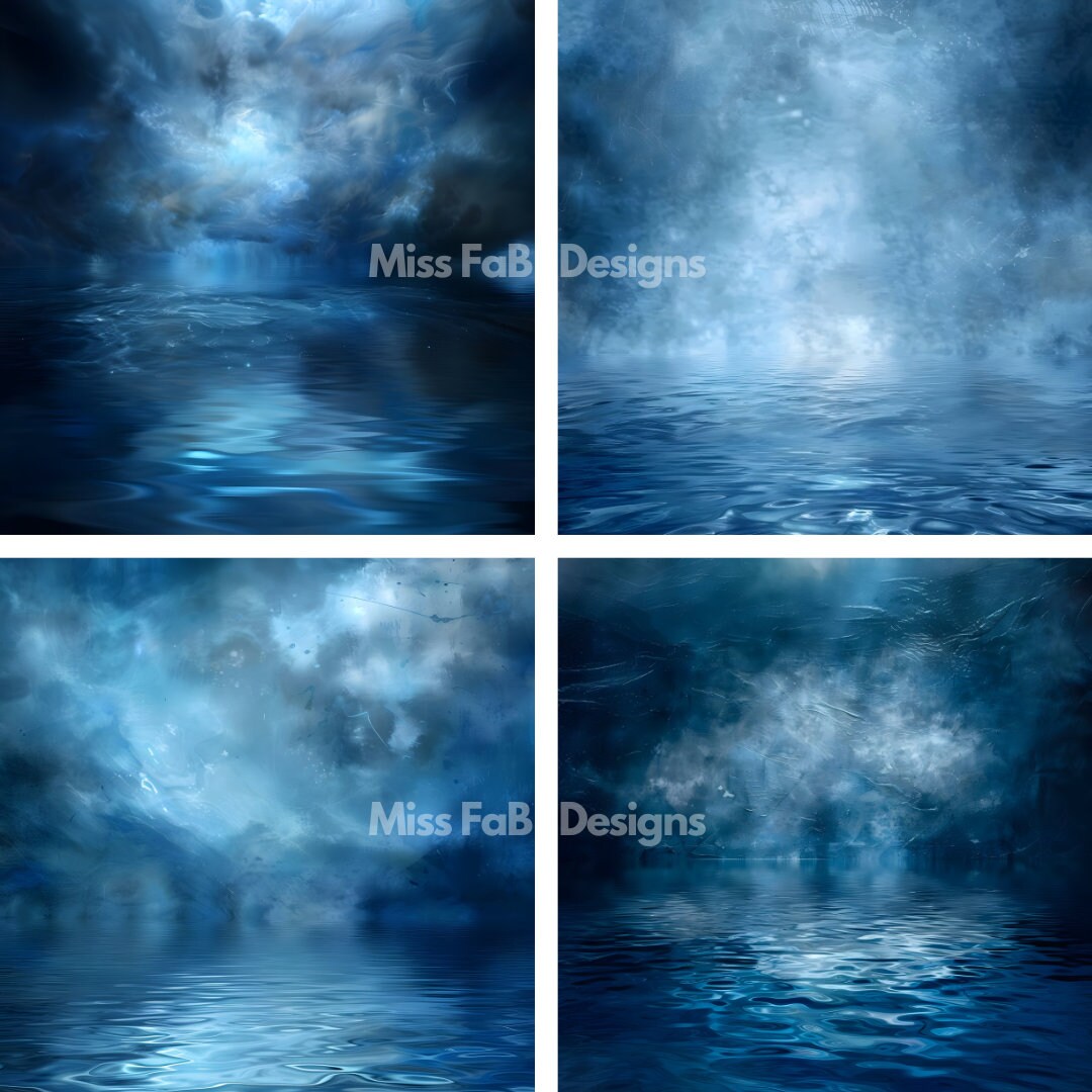 8 Aqua Theme Digital Backdrops Blue Painted Textured Background Moon ...