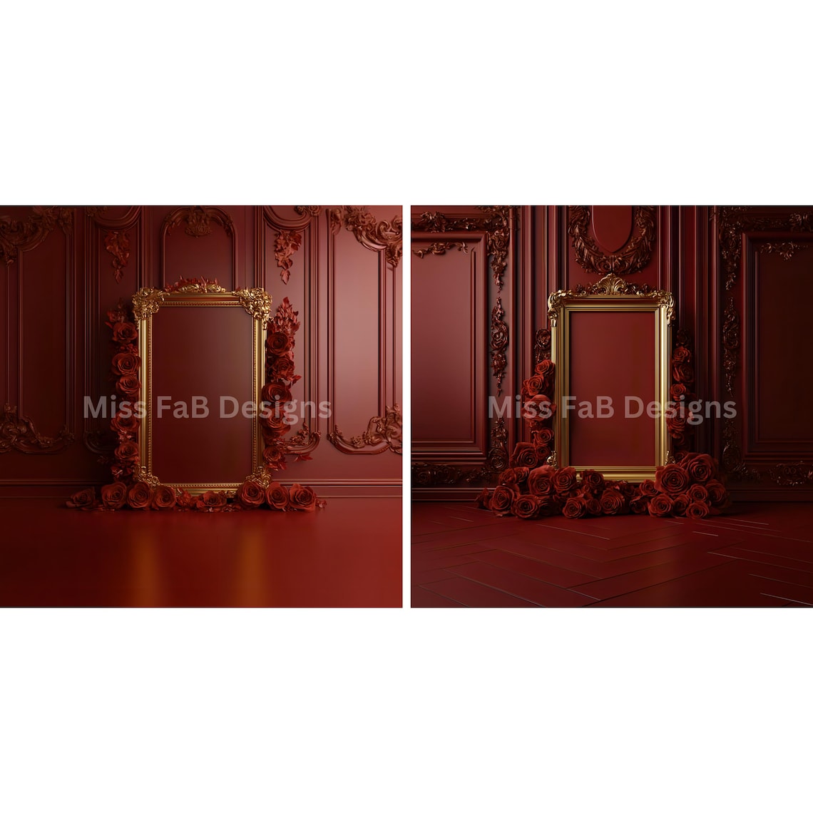 2 Roses Opulence Digital Backdrops Red Gold Background Elegant Red ...