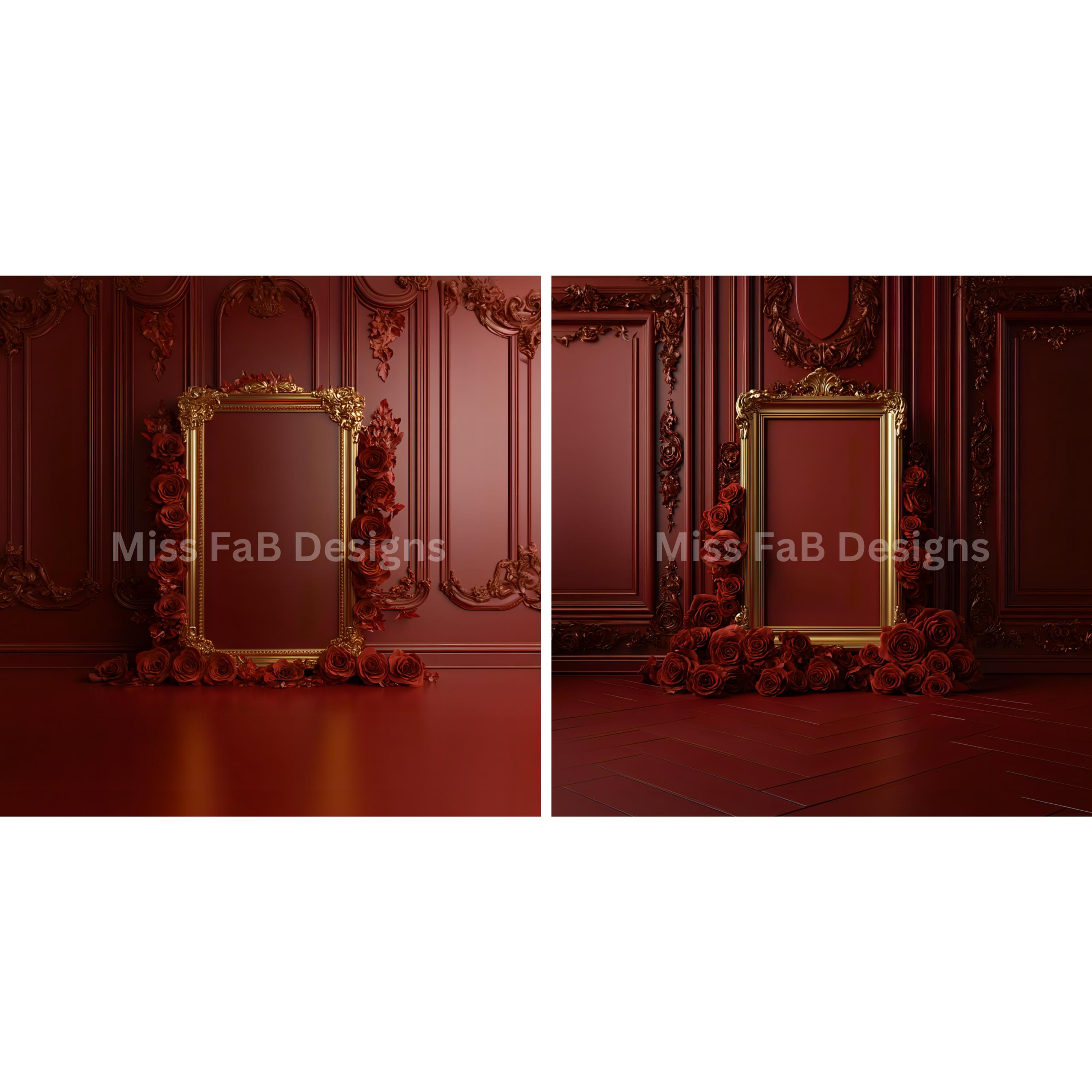 2 Roses Palace Digital Backdrops | Red Gold Background | Elegant Red ...