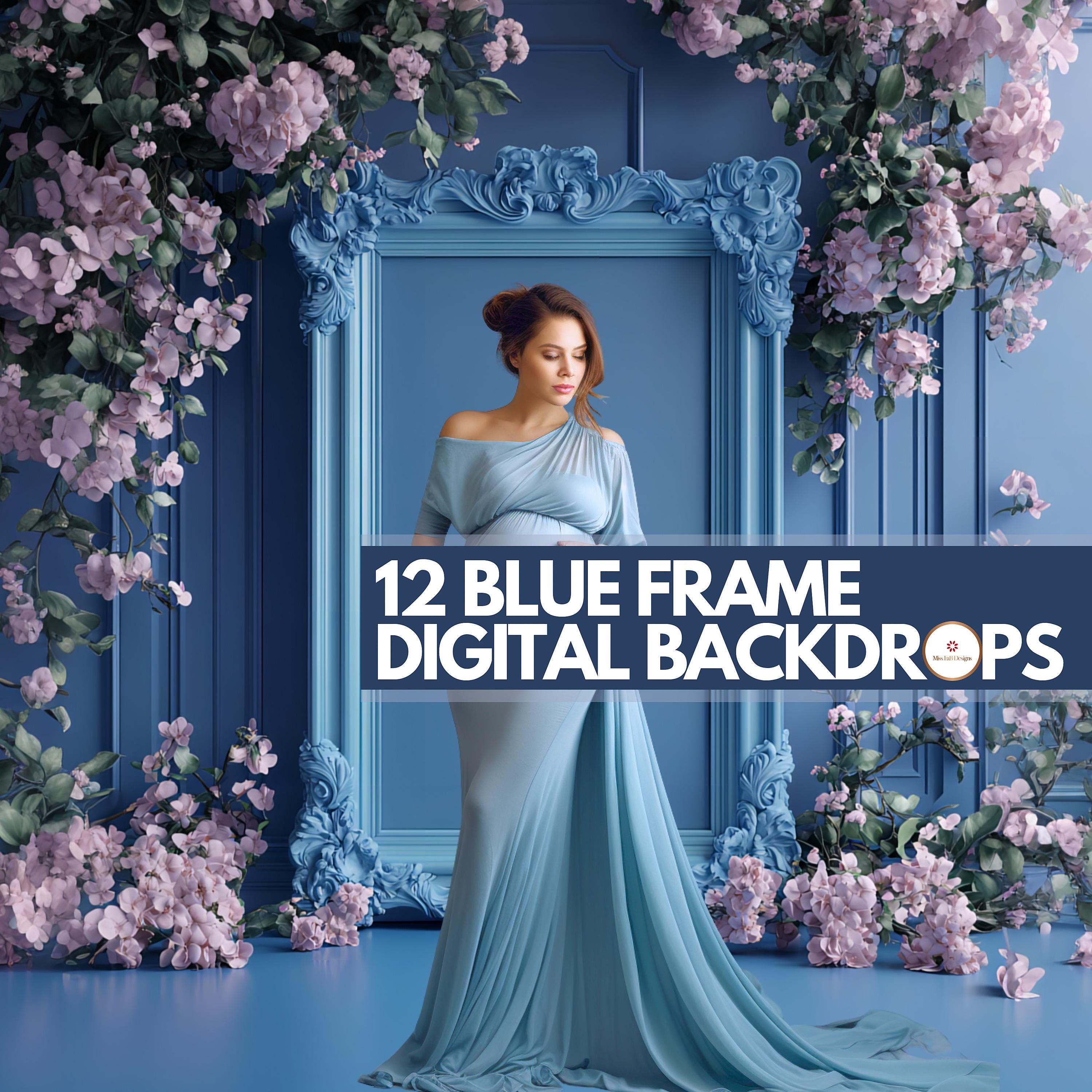12 Blue Frame Digital Backdrops, Blue Background, Lilac Flower Backdrop ...