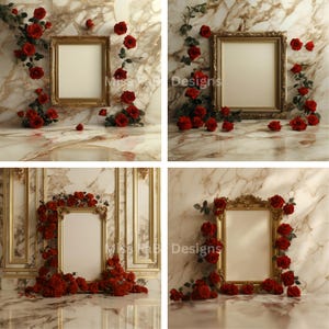 8 Rose Elegance Digital Backdrops, Golden Frame Background, Red Roses ...