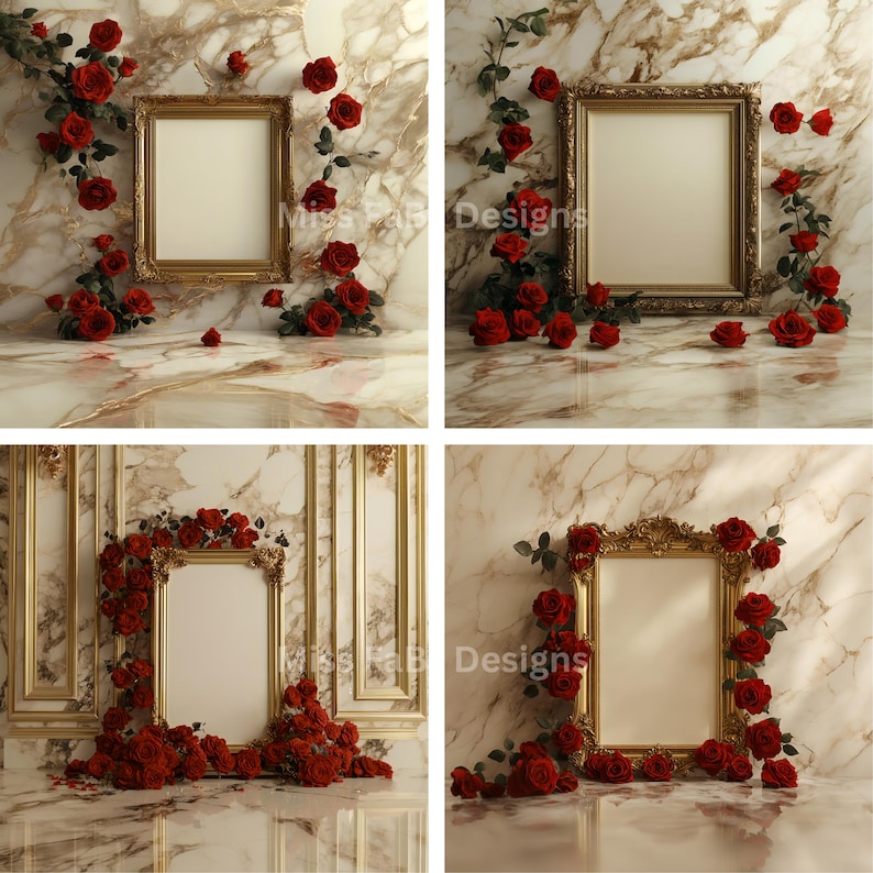 8 Rose Elegance Digital Backdrops, Golden Frame Background, Red Roses ...