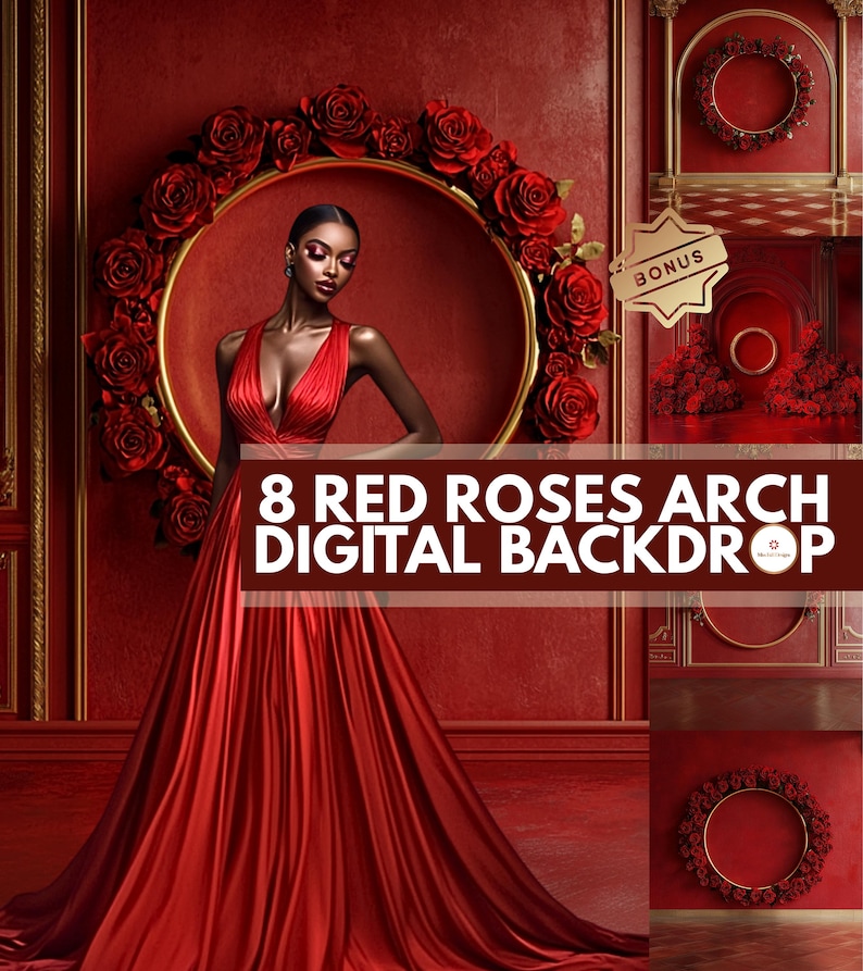 8 Red Roses Arch Digital Backdrops, Red Background, Red Palace Room ...
