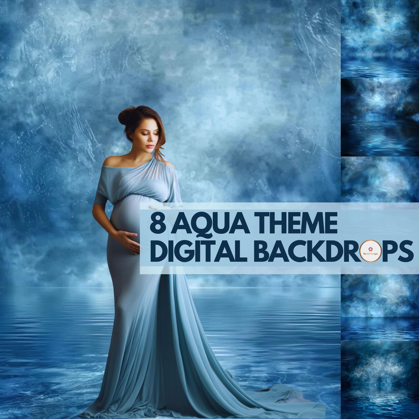 8 Aqua Theme Digital Backdrops Blue Painted Textured Background Moon ...