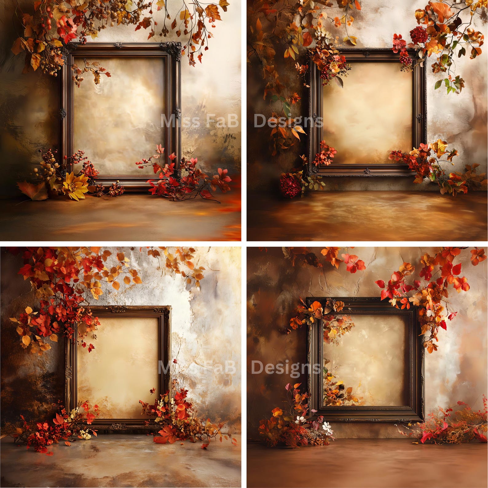 12 Autumn Frame Digital Backdrops, Fall Background, Rustic Foliage ...