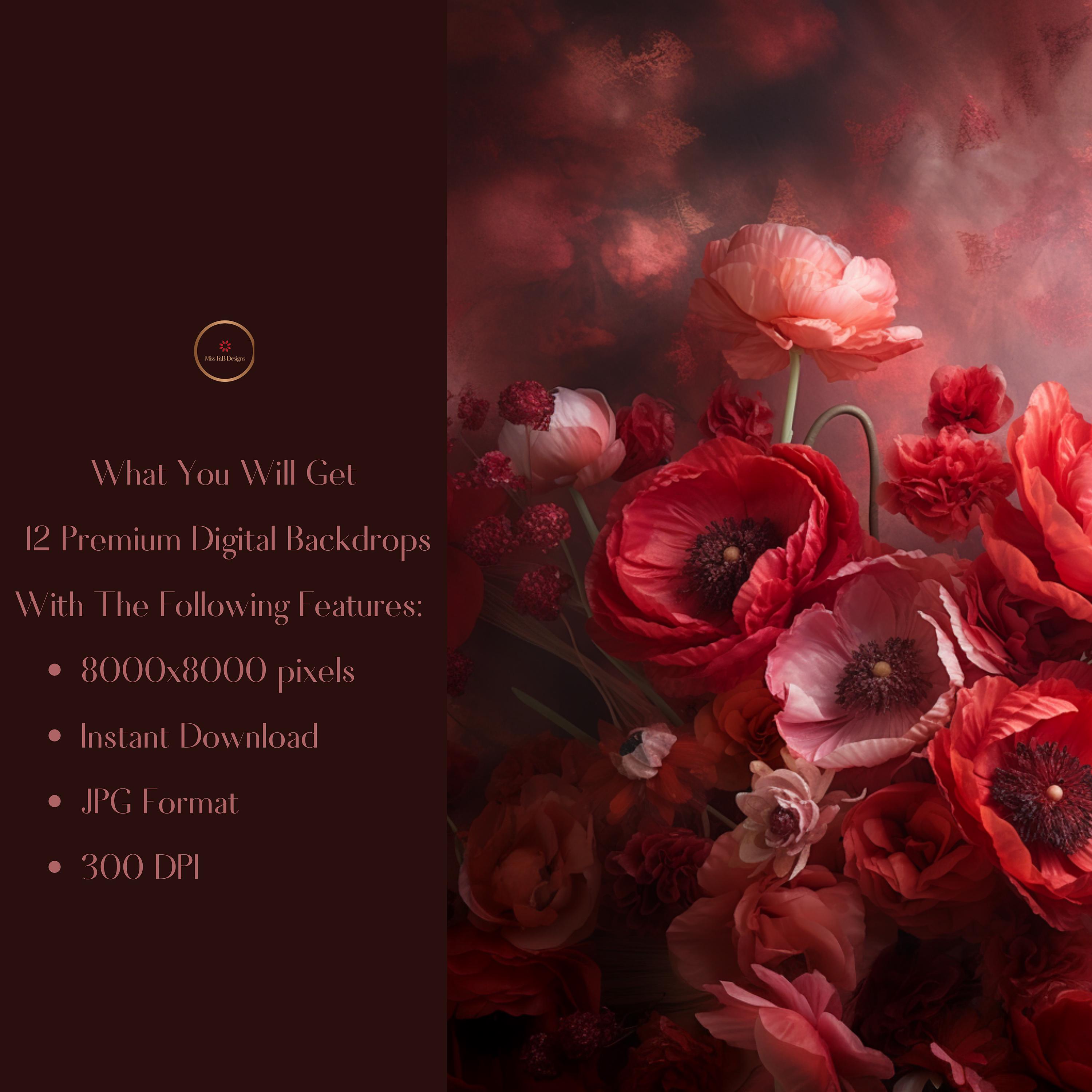 12 Red Floral Digital Backdrops, Red Maternity Backgrounds, Red Flowers ...