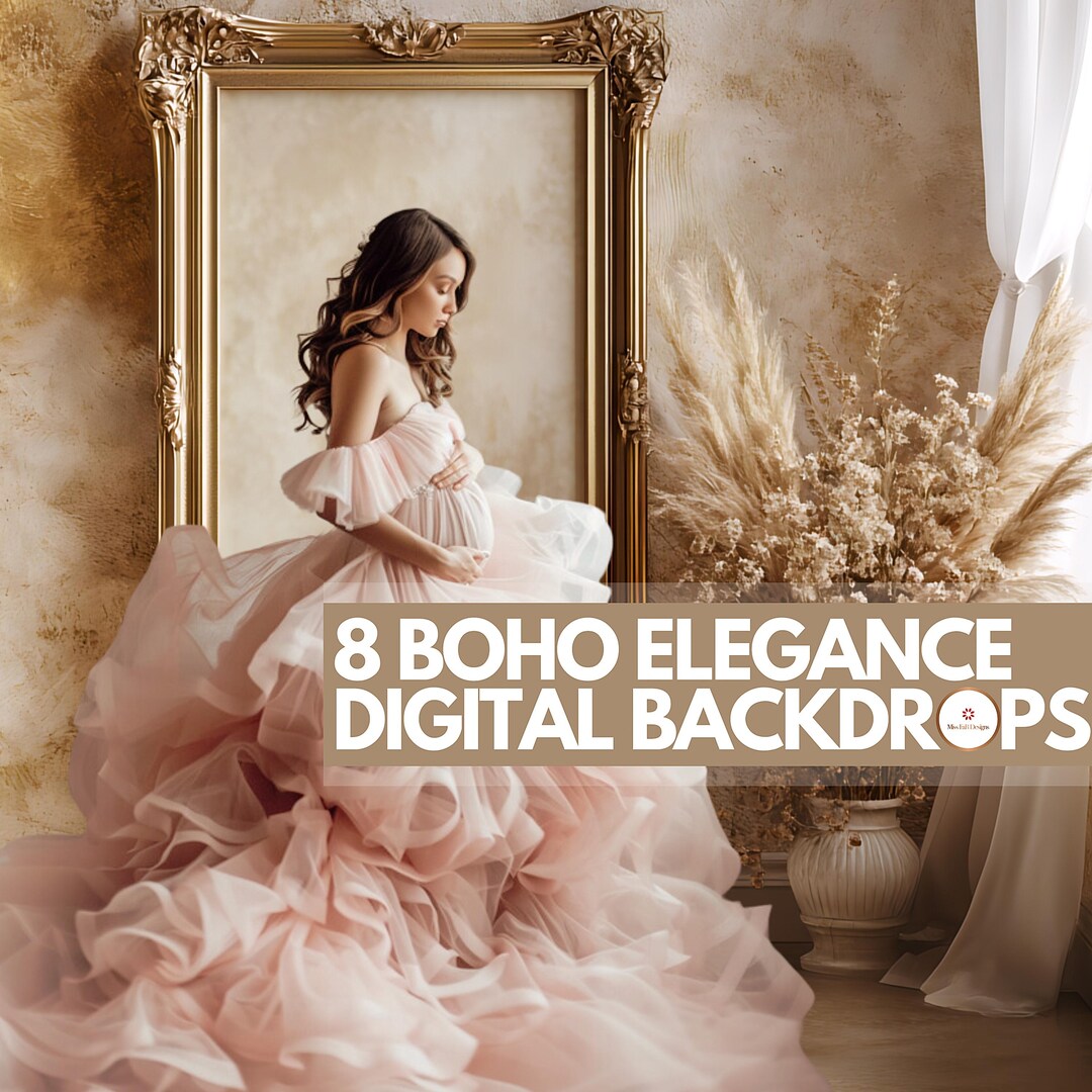 8 Boho Room Digital Backdrops | Elegant Golden Frame Background | Beige ...