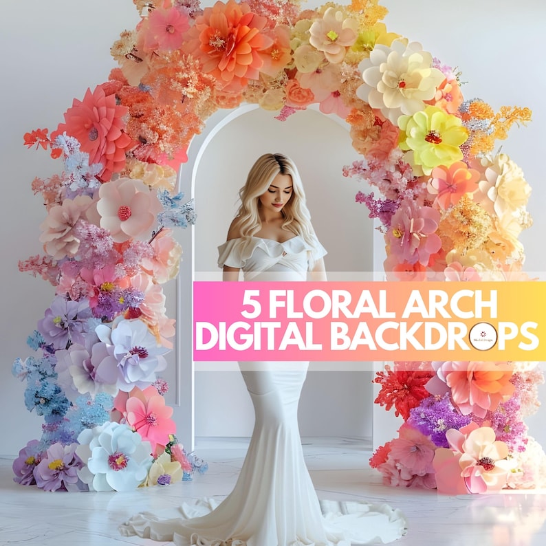 5 Floral Arch Digital Backdrops | Rainbow Flowers Arch Background ...