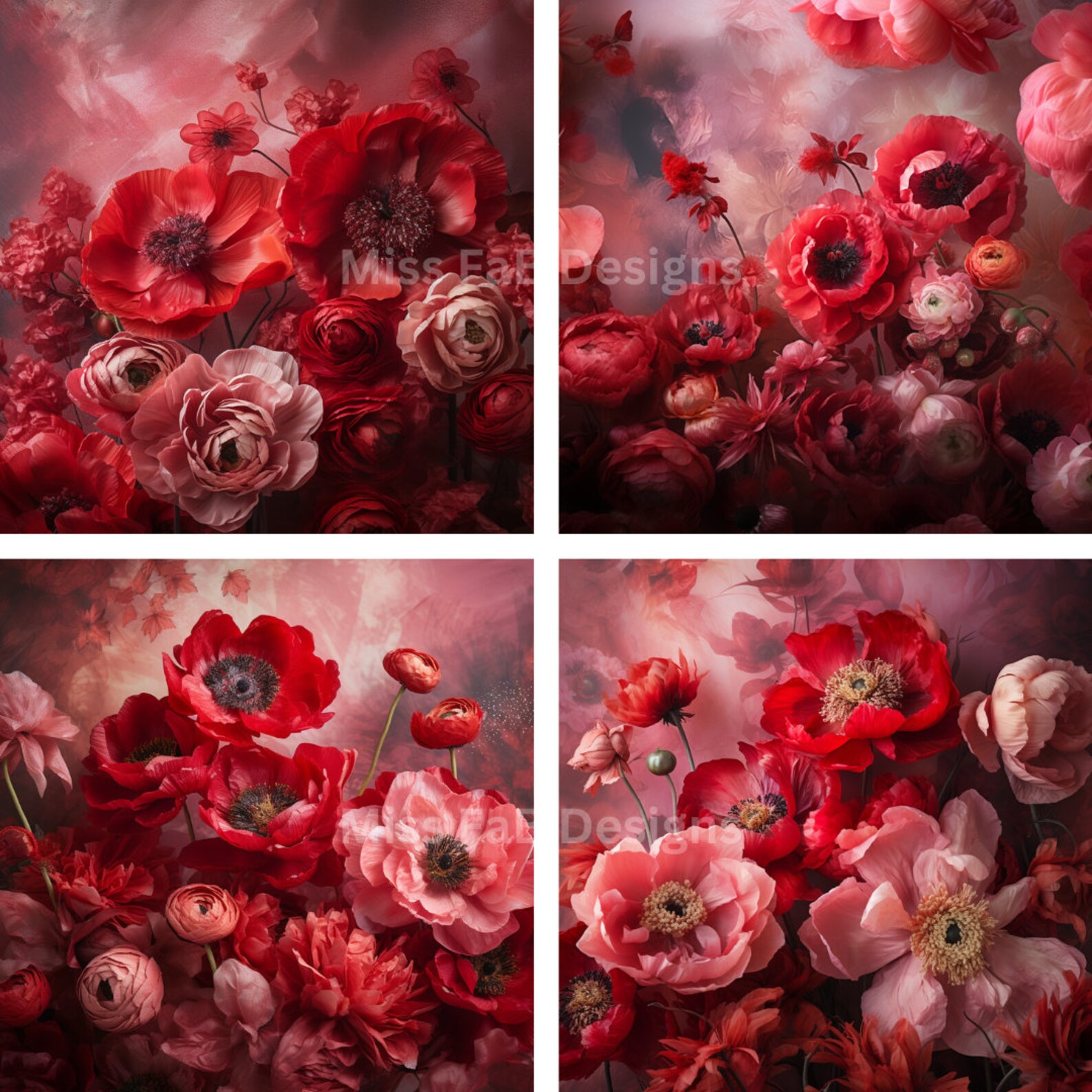 12 Red Floral Digital Backdrops Red Fine Art Maternity Backgrounds Red ...