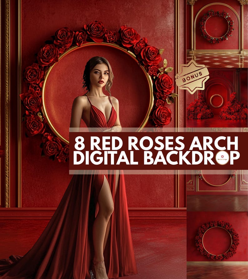 8 Red Roses Arch Digital Backdrops, Red Background, Red Palace Room ...
