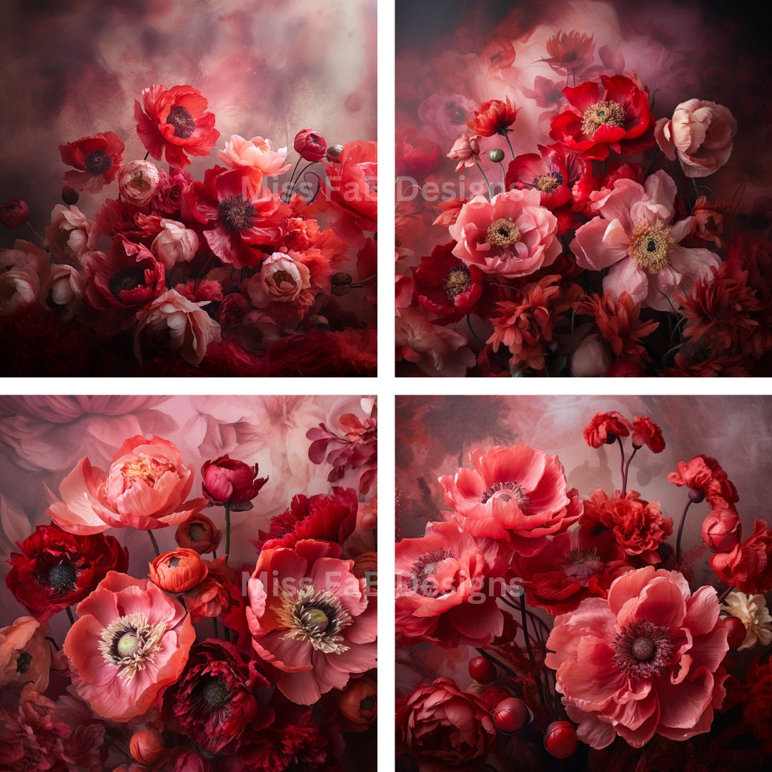 12 Red Floral Digital Backdrops, Red Maternity Backgrounds, Red Flowers ...