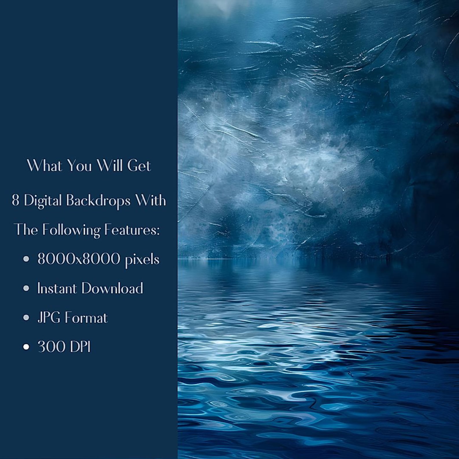 8 Water Digital Backdrops | Blue Painted Textured Background | Moon ...