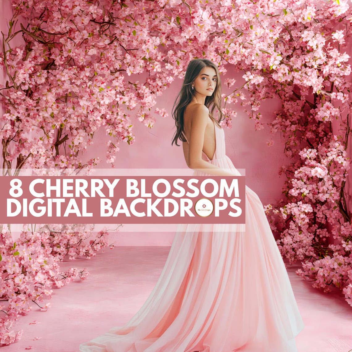 8 Cherry Blossom Digital Backdrops, Cherry Blossom Background, Pink Sakura Backdrop, Spring ...