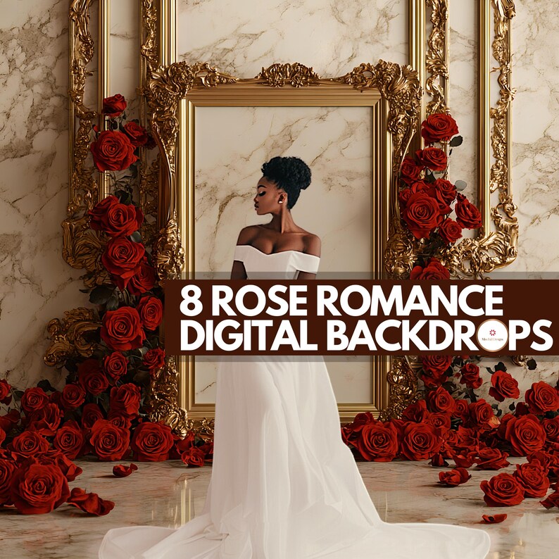 8 Rose Elegance Digital Backdrops, Golden Frame Background, Red Roses ...