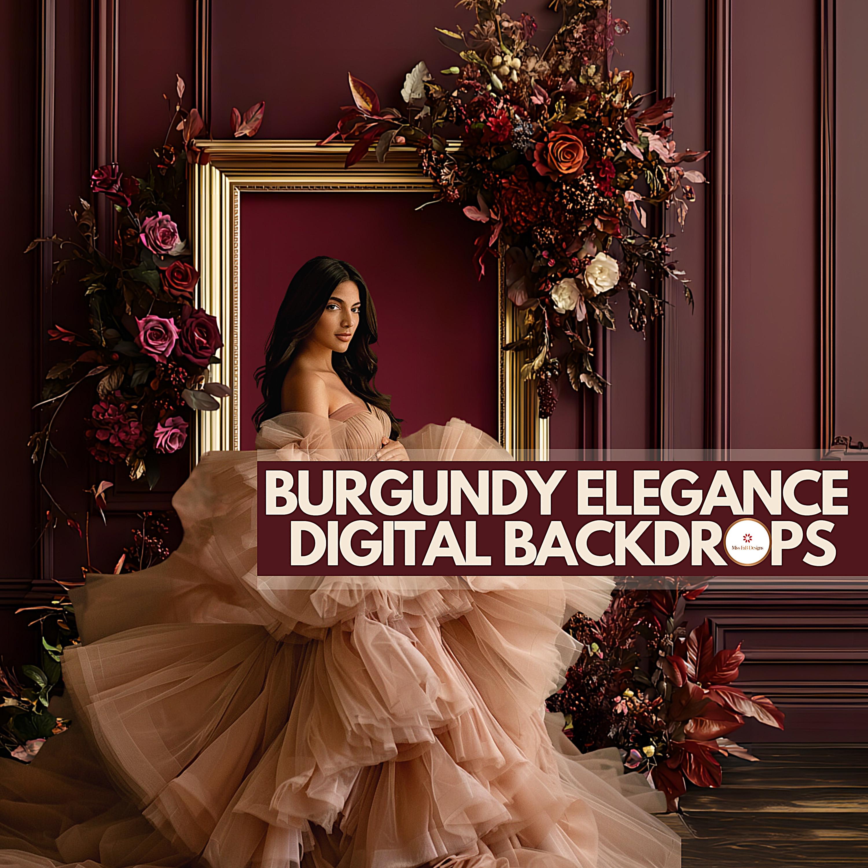 12 Burgundy Elegance Digital Backdrops | Dark Red Autumn Backdrop | Luxurious Golden Frame ...