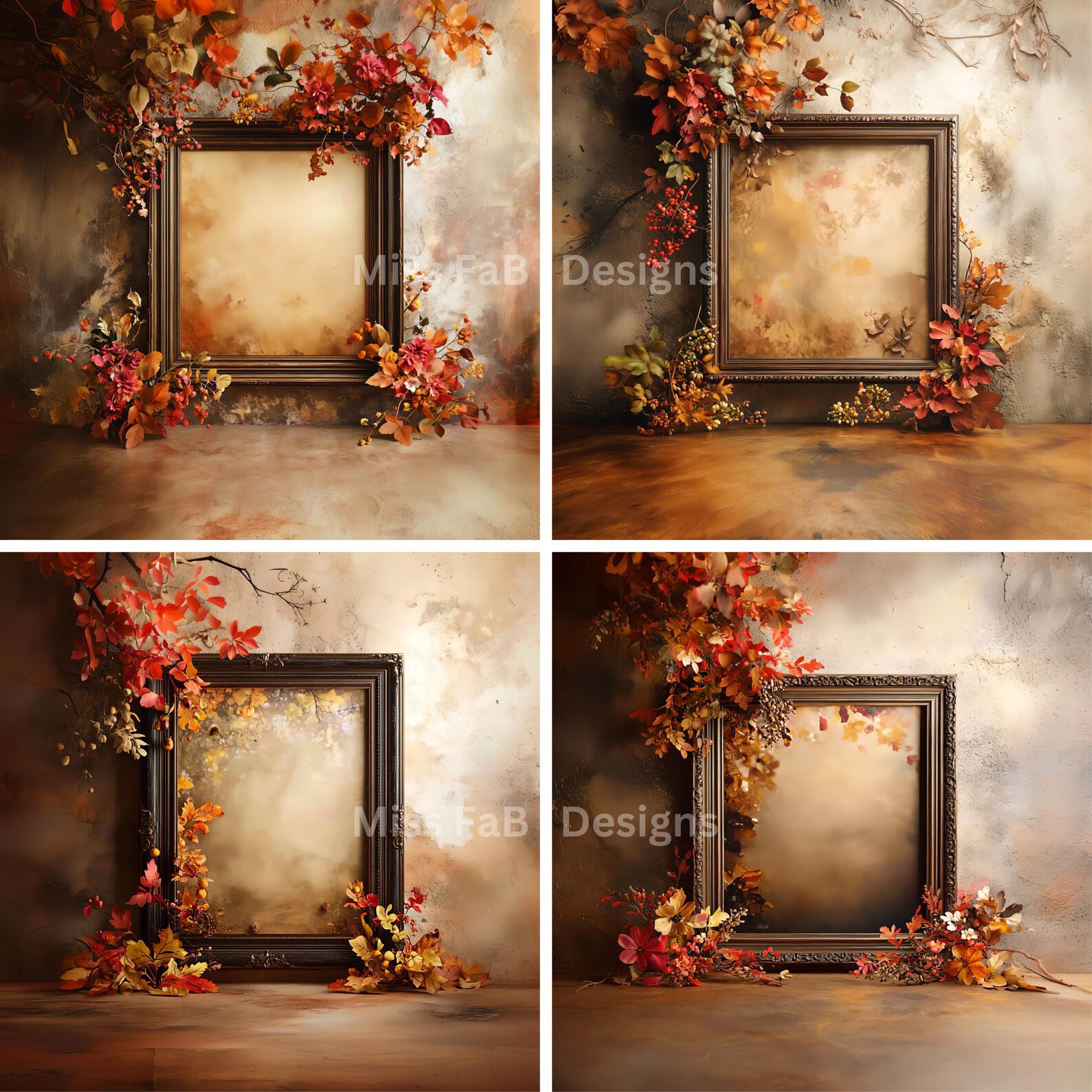 12 Autumn Frame Digital Backdrops, Fall Background, Rustic Foliage ...