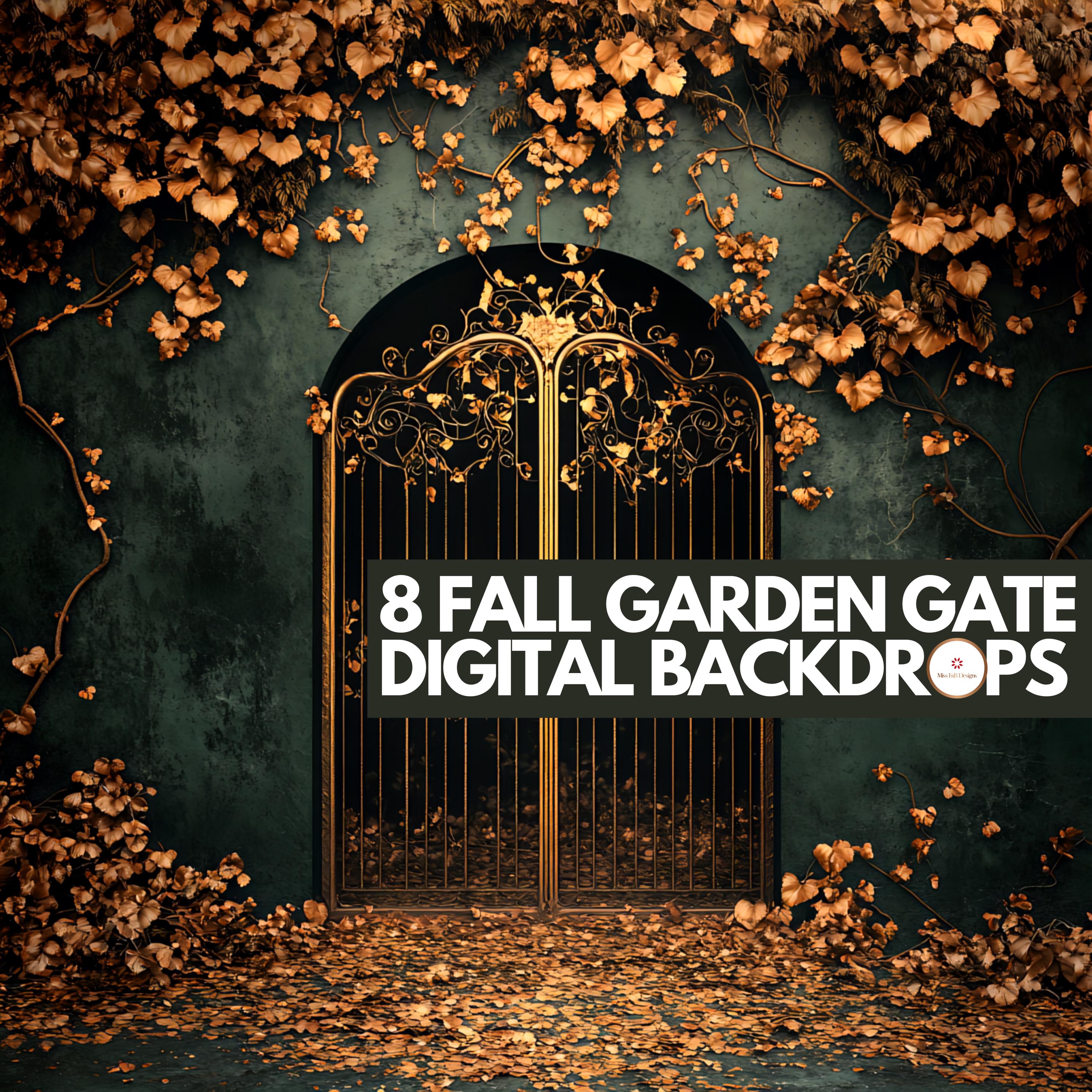 8 Fall Garden Gate Digital Backdrops, Fall Backdrop, Golden Gate ...