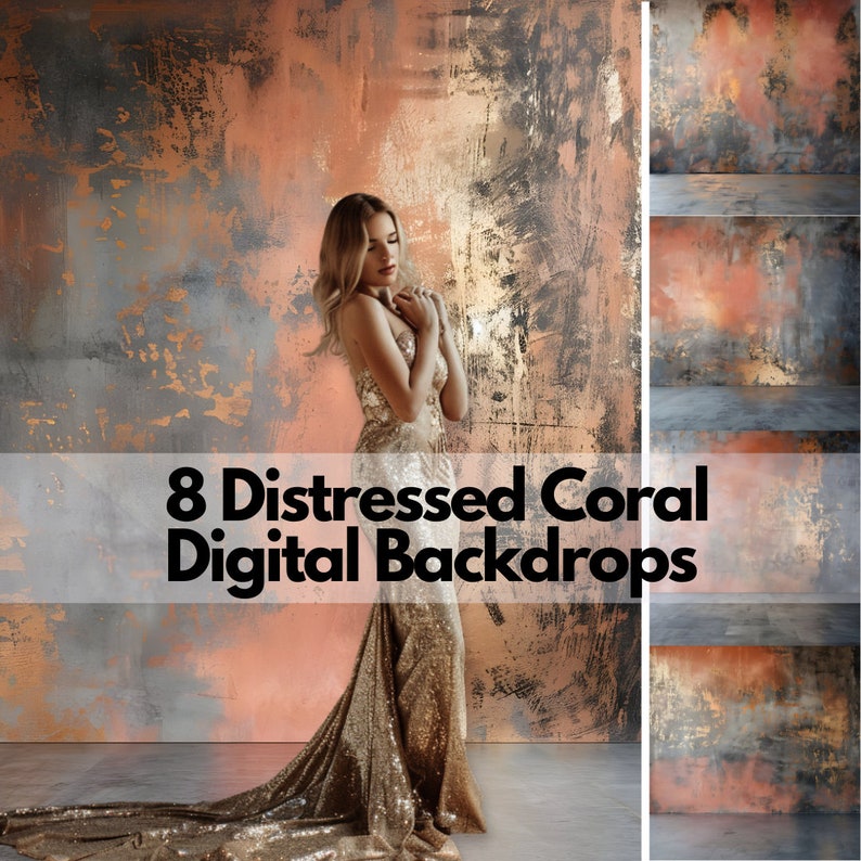 8 Distressed Coral Digital Backdrops Gold & Grey Photoshoot Studio Wall ...