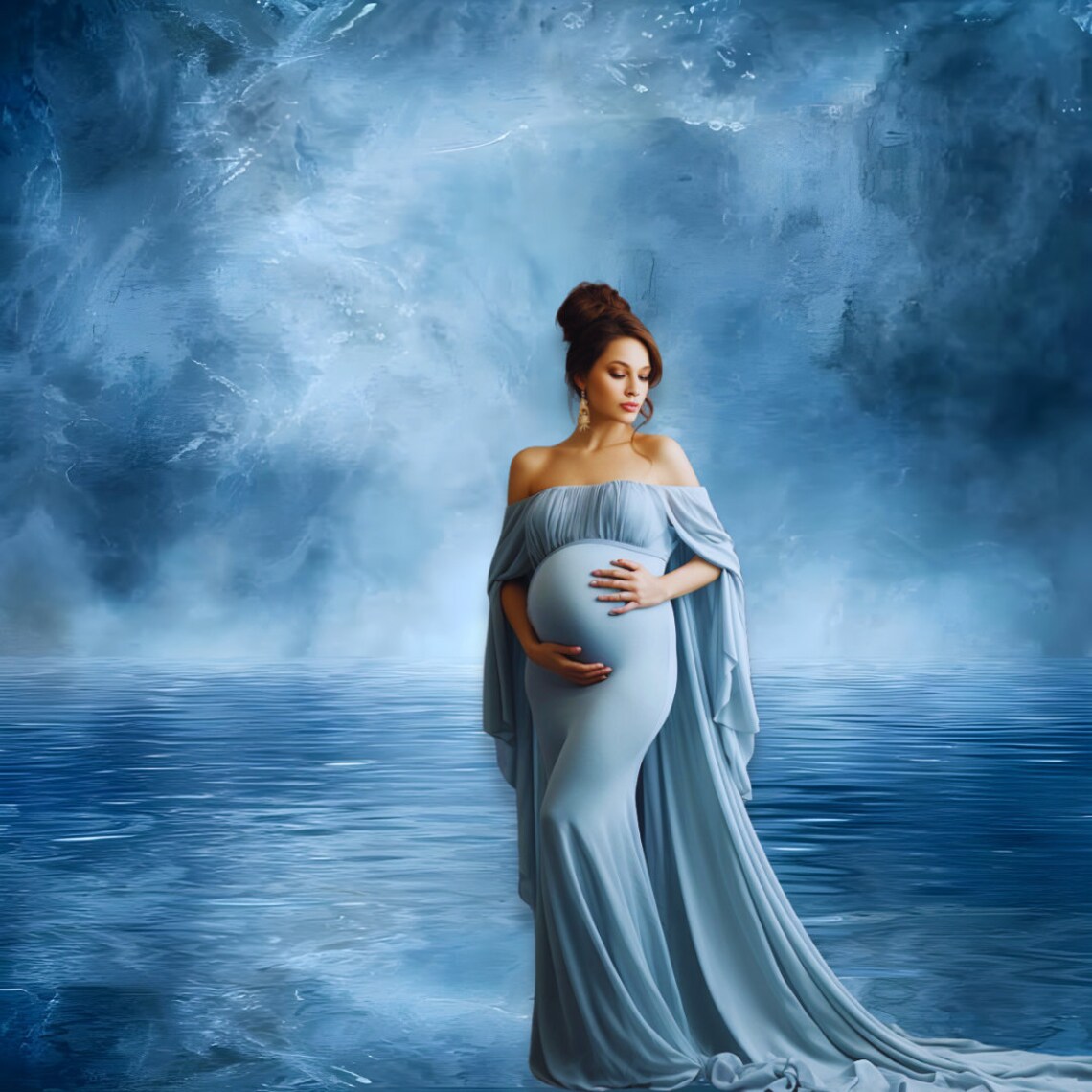 8 Aqua Theme Digital Backdrops Blue Painted Textured Background Moon ...