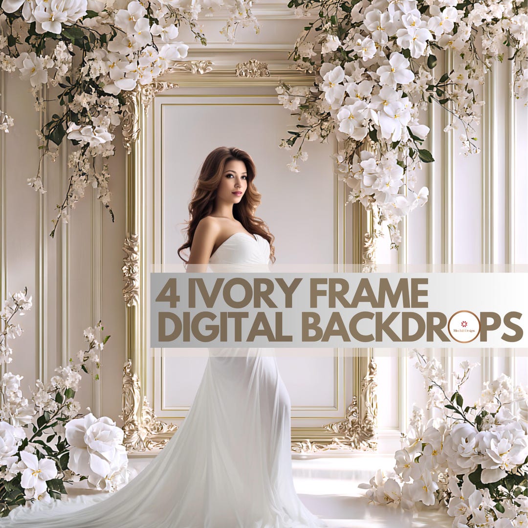 4 Ivory Frame Digital Backdrops, Ivory Floral Backdrop, White Flowers ...