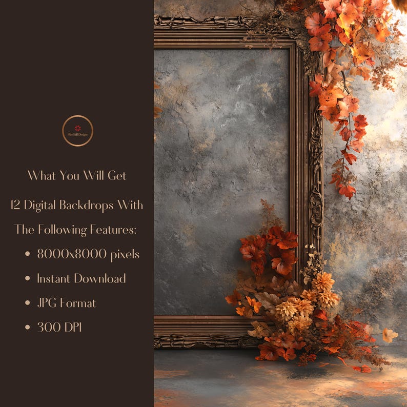 12 Fall Elegance Digital Backdrops, Fall Frame Backdrop, Autumn Foliage ...