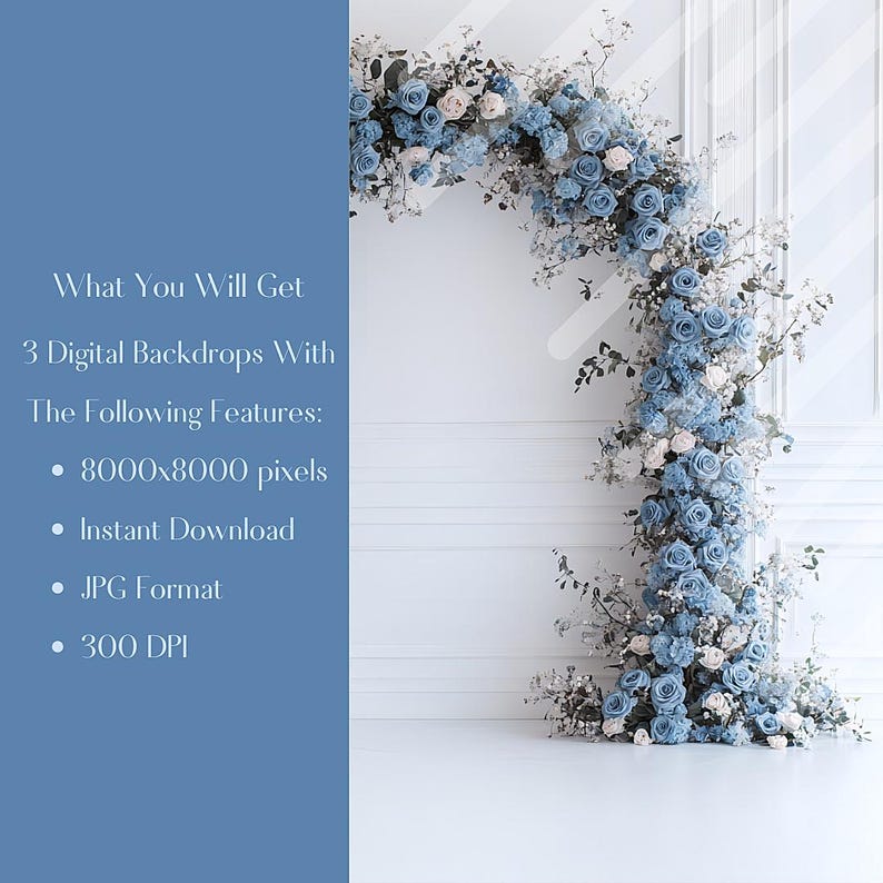 3 Blue Roses Arch Digital Backdrops, Baby Blue Floral Arch Background ...