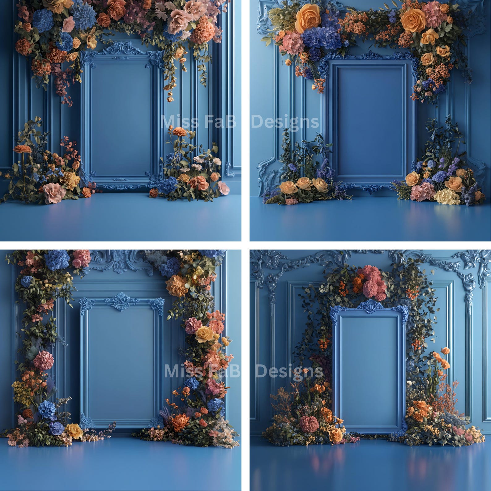 8 Blue Elegance Digital Backdrops | Floral Blue Room Background ...
