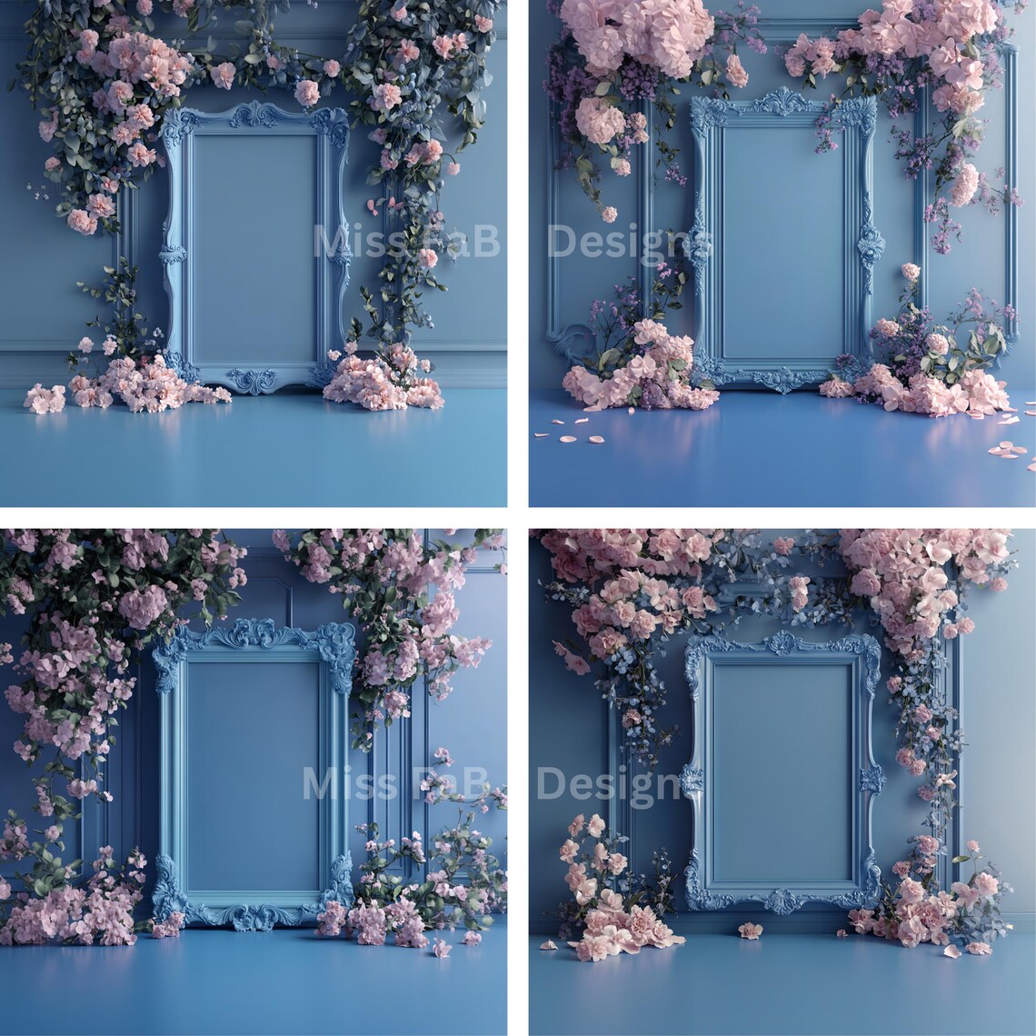 12 Blue Frame Digital Backdrops, Blue Background, Lilac Flower Backdrop ...