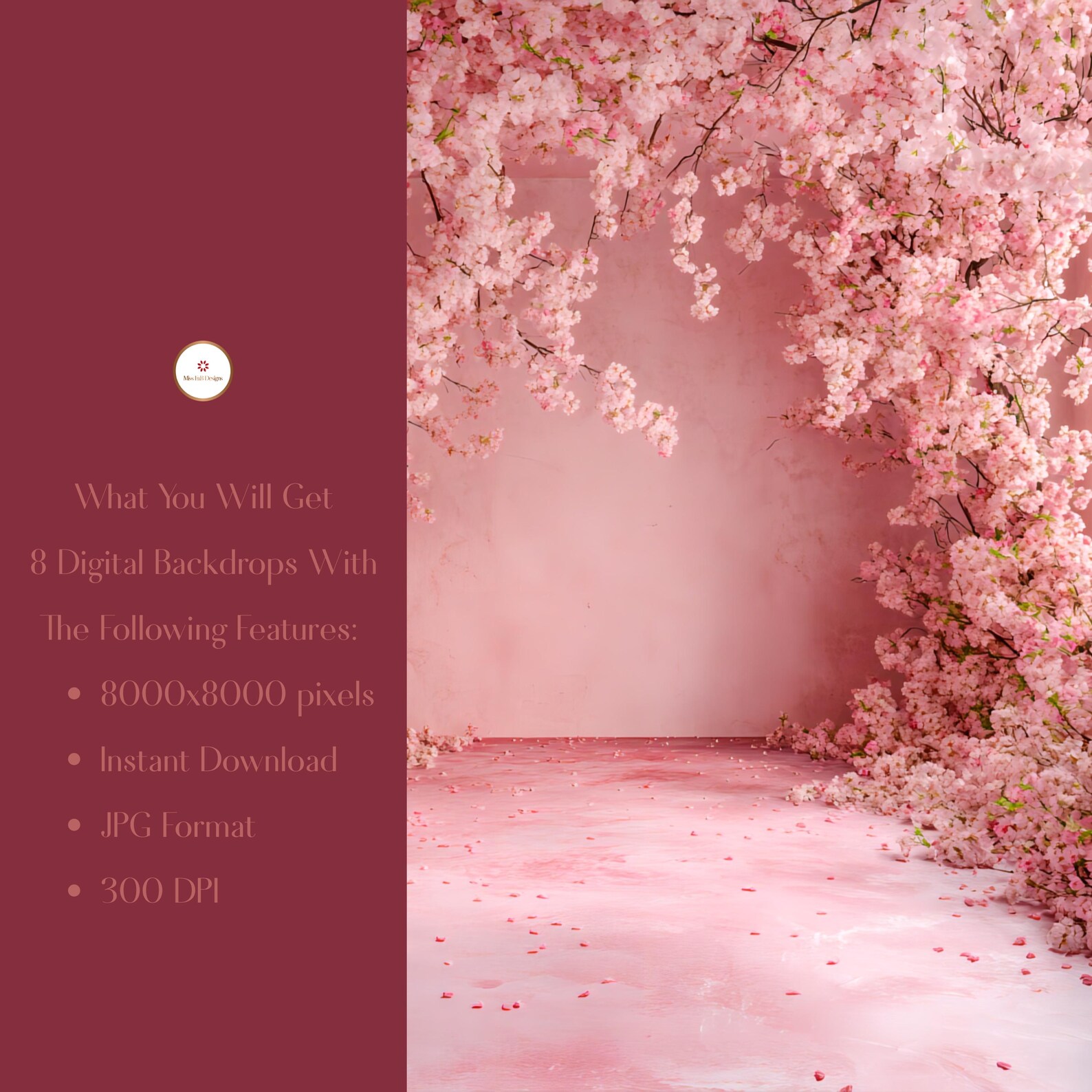 8 Cherry Blossom Digital Backdrops, Cherry Blossom Background, Pink Sakura Backdrop, Spring ...