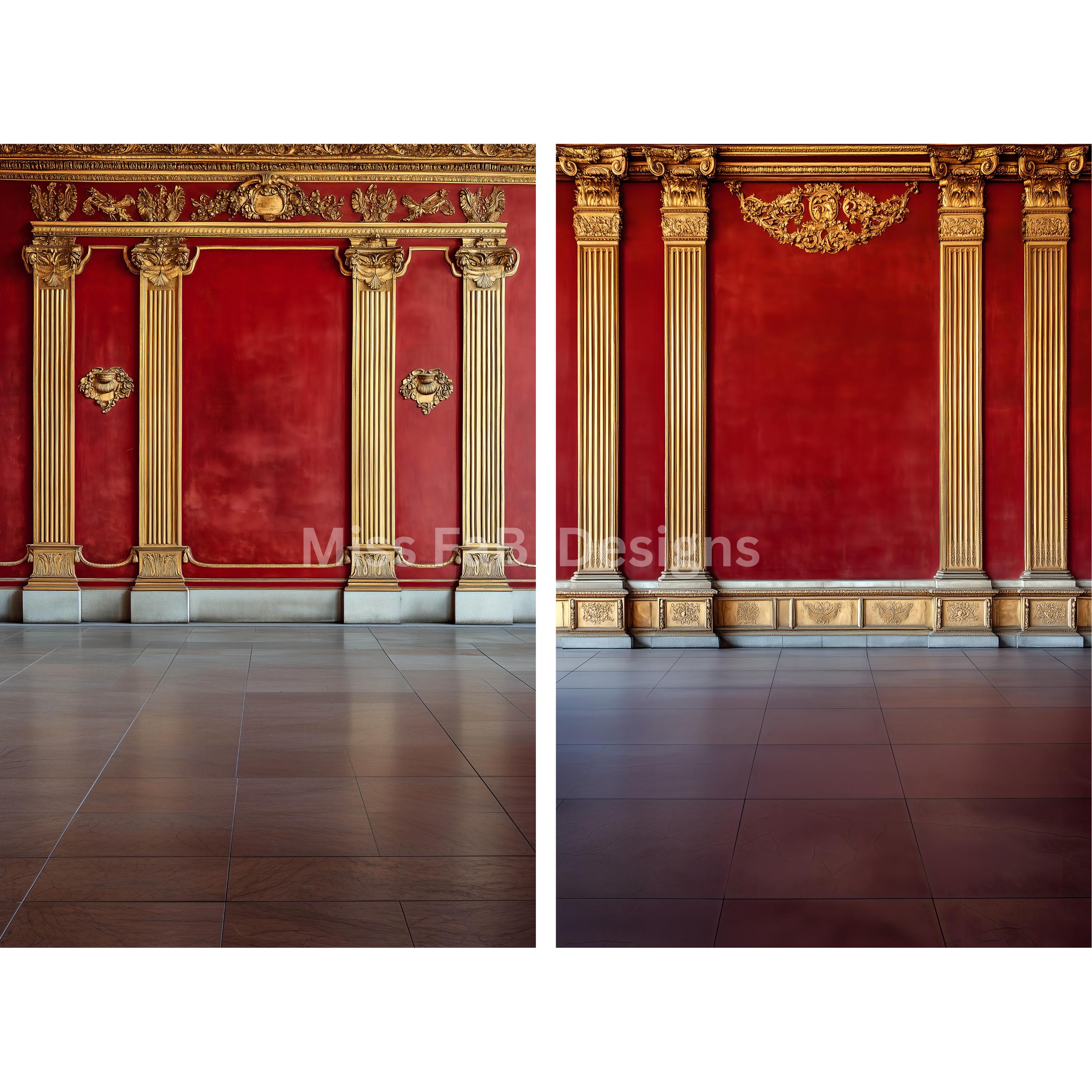4 Red Palace Room Digital Backdrops, Red Gold Background, Greek Golden ...