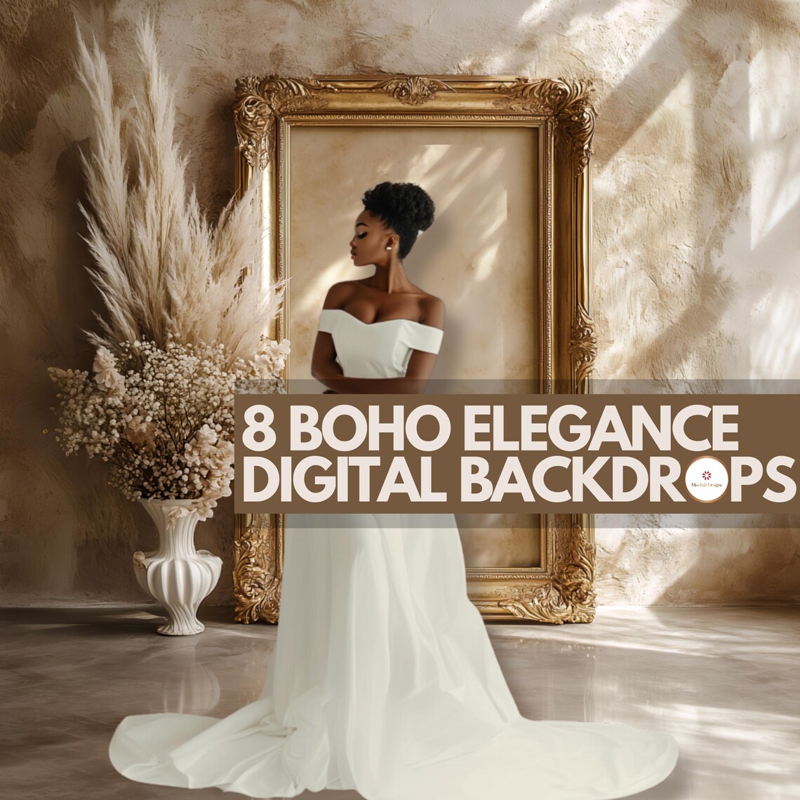 8 Boho Room Digital Backdrops Elegant Golden Frame Background Beige ...