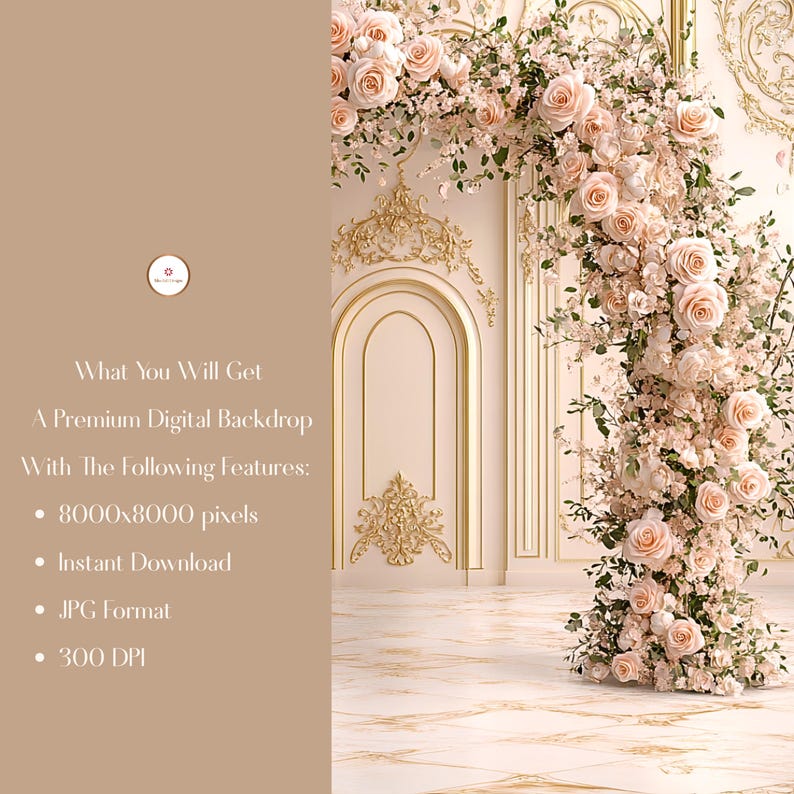 Palace Dream Digital Backdrop, Pink Rose Arch Background, Luxury Gold ...