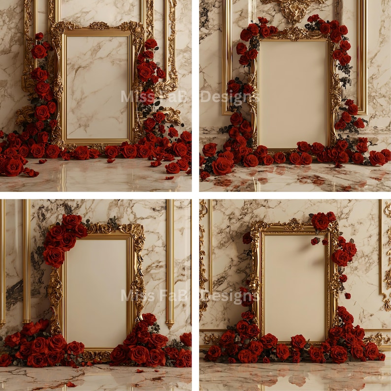 8 Rose Elegance Digital Backdrops, Golden Frame Background, Red Roses ...