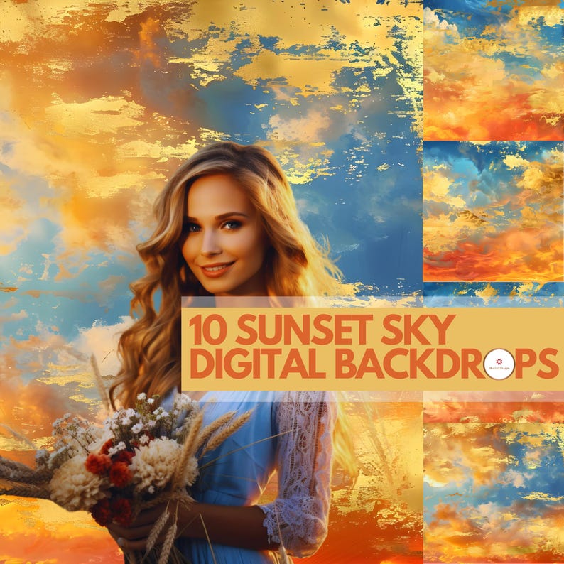 10 Sunset Sky Digital Backdrops | Golden Heavenly Clouds Backgrounds ...