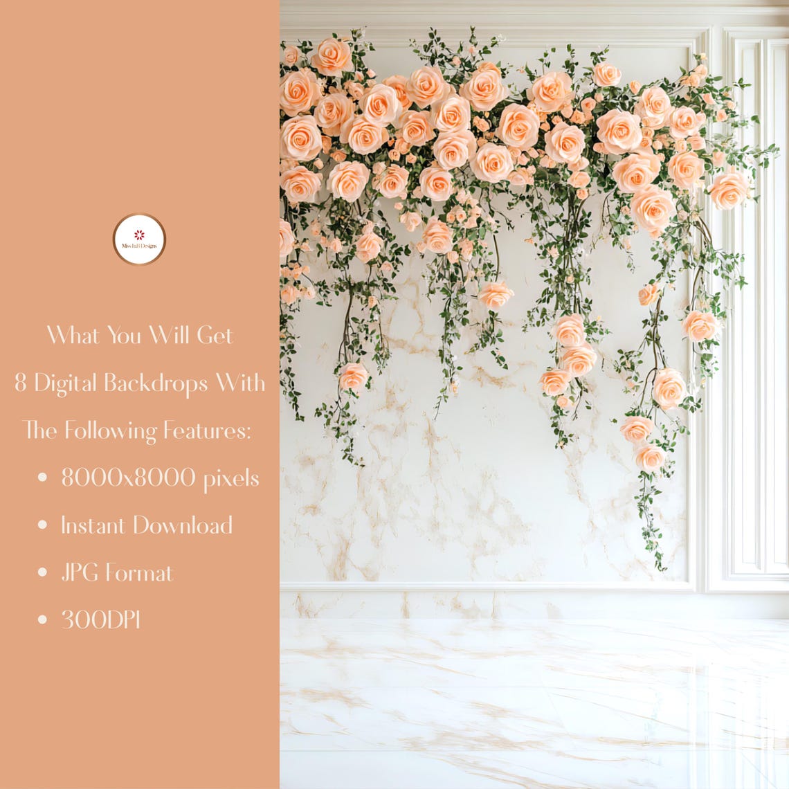 8 Peach Roses Digital Backdrops, Peach and Cream Flower Wall, Pale ...