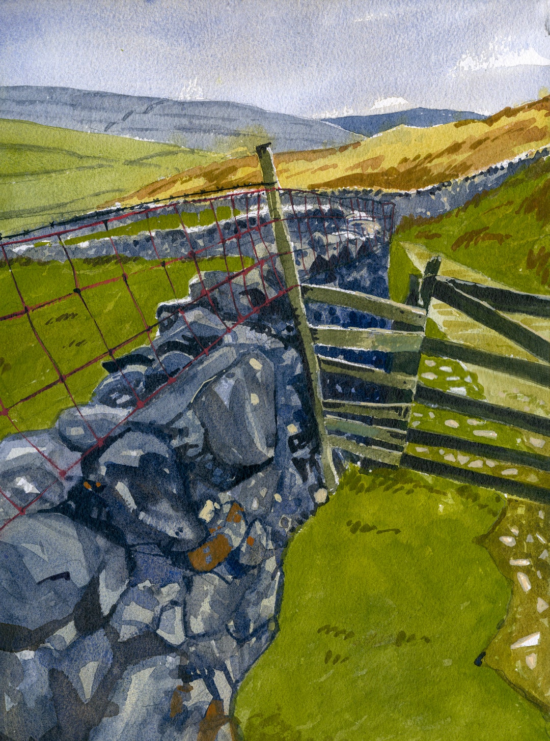 Ingleton, Yorkshire, England. Watercolour Print. Dry Stone Wall and ...