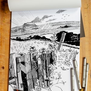 Pen and Ink Drawing. Old Gate and Hills, Ingleton, Yorkshire, England ...